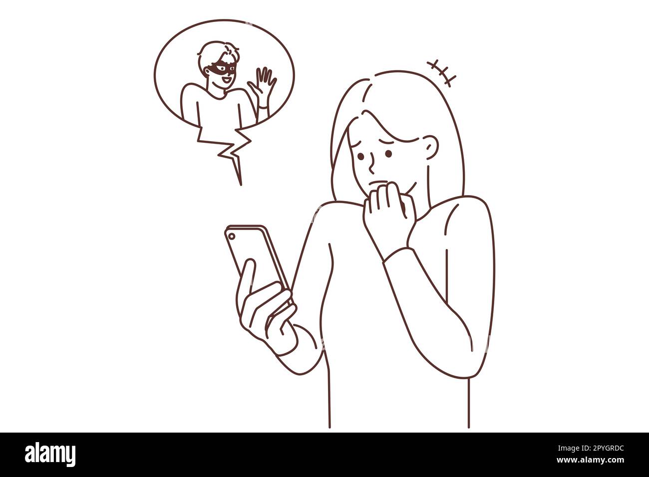 Scared woman look at cellphone screen frustrated with internet scam ...