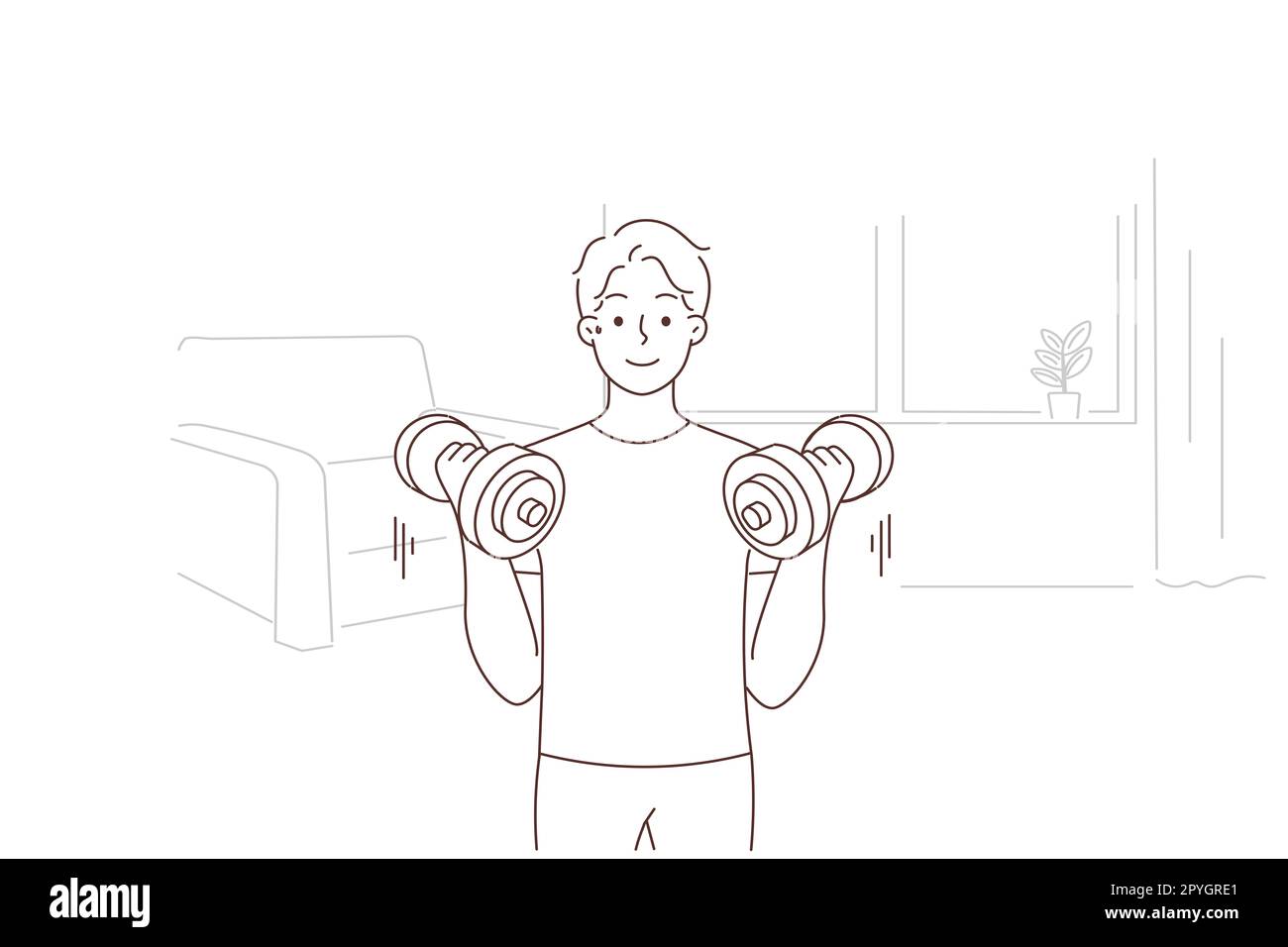 Young man with barbells training at home. Smiling guy do sport workout ...