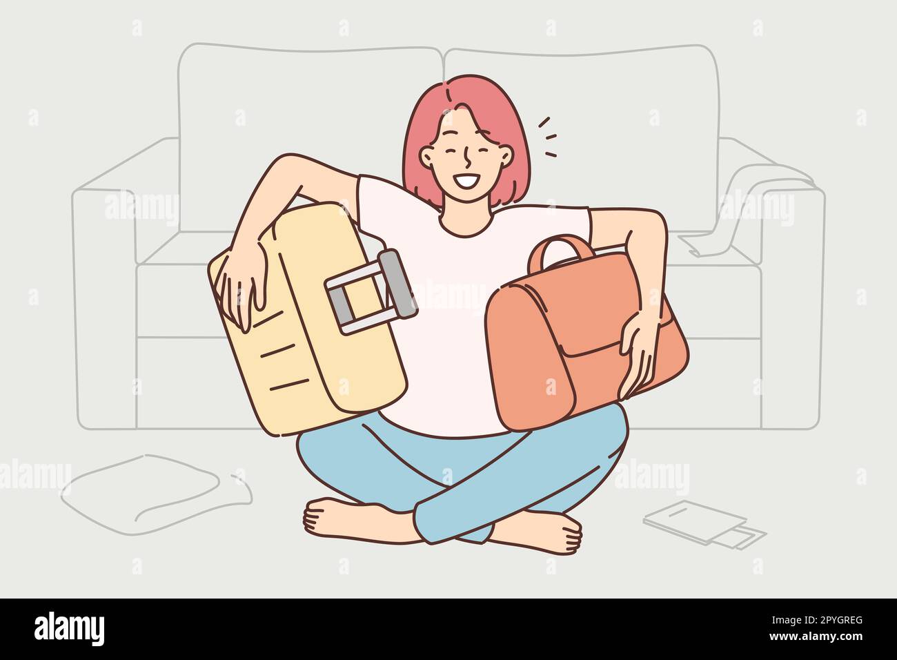 Excited Woman Sit On Floor Packing Suitcases Going On Holidays Smiling
