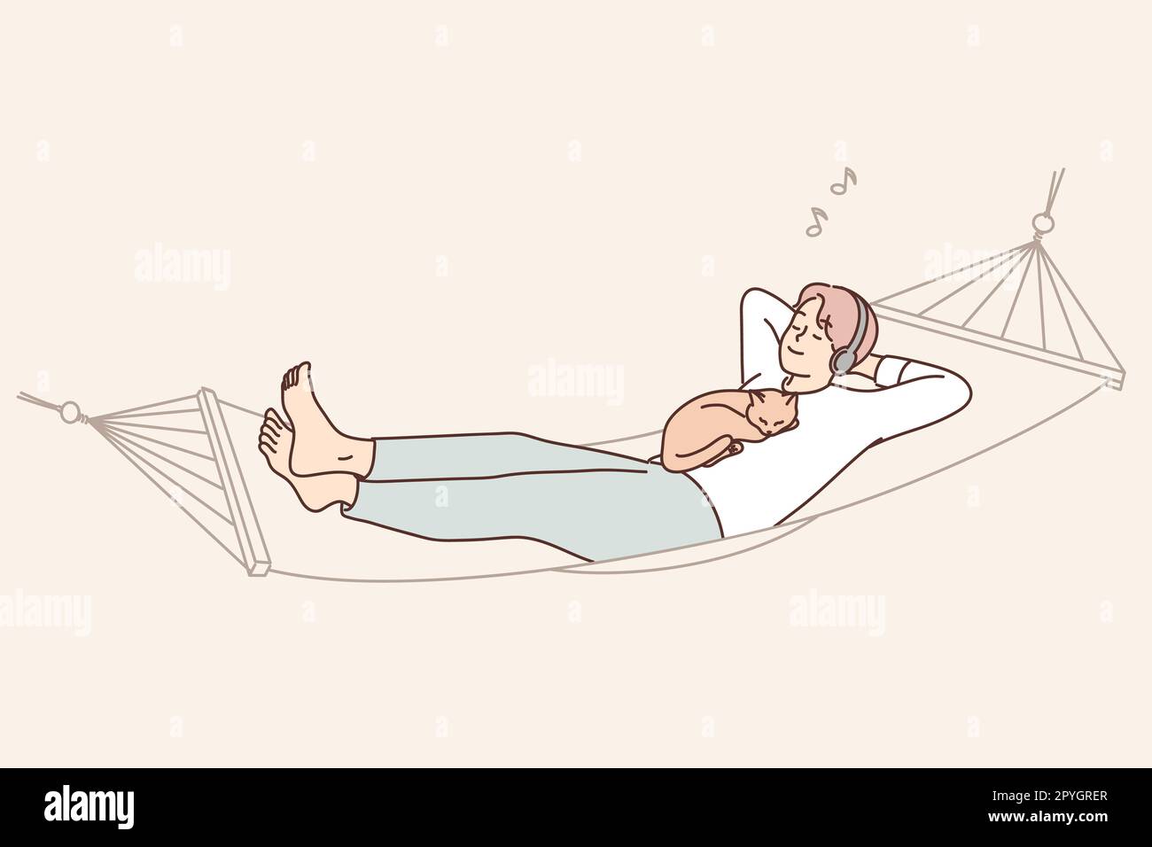 Happy man lying in hammock with cat listening to music. Smiling calm ...