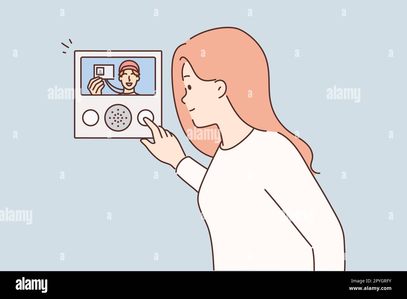 Woman open door looking at male courier showing ID to camera. Visitor ...