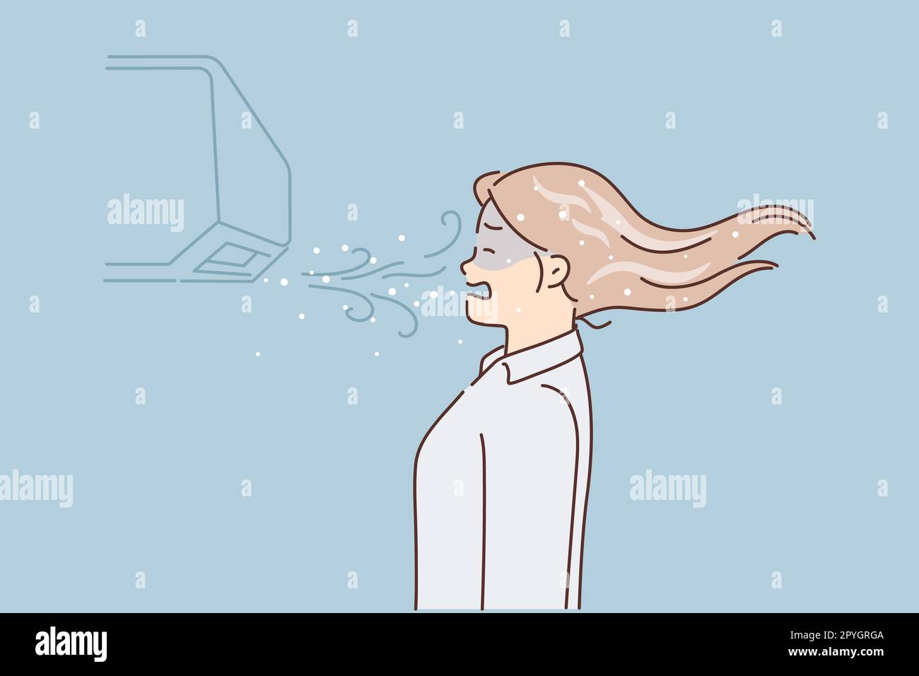 Unhappy woman feel cold standing in front of air conditioner. Frozen ...