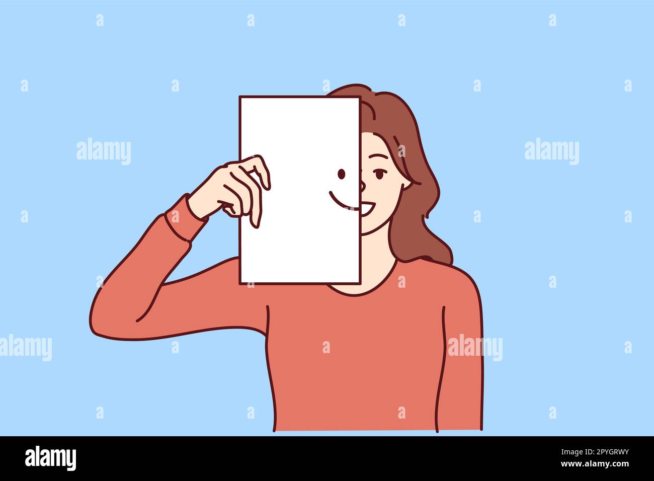 Happy woman covers half of face with paper with smiling emoticon ...