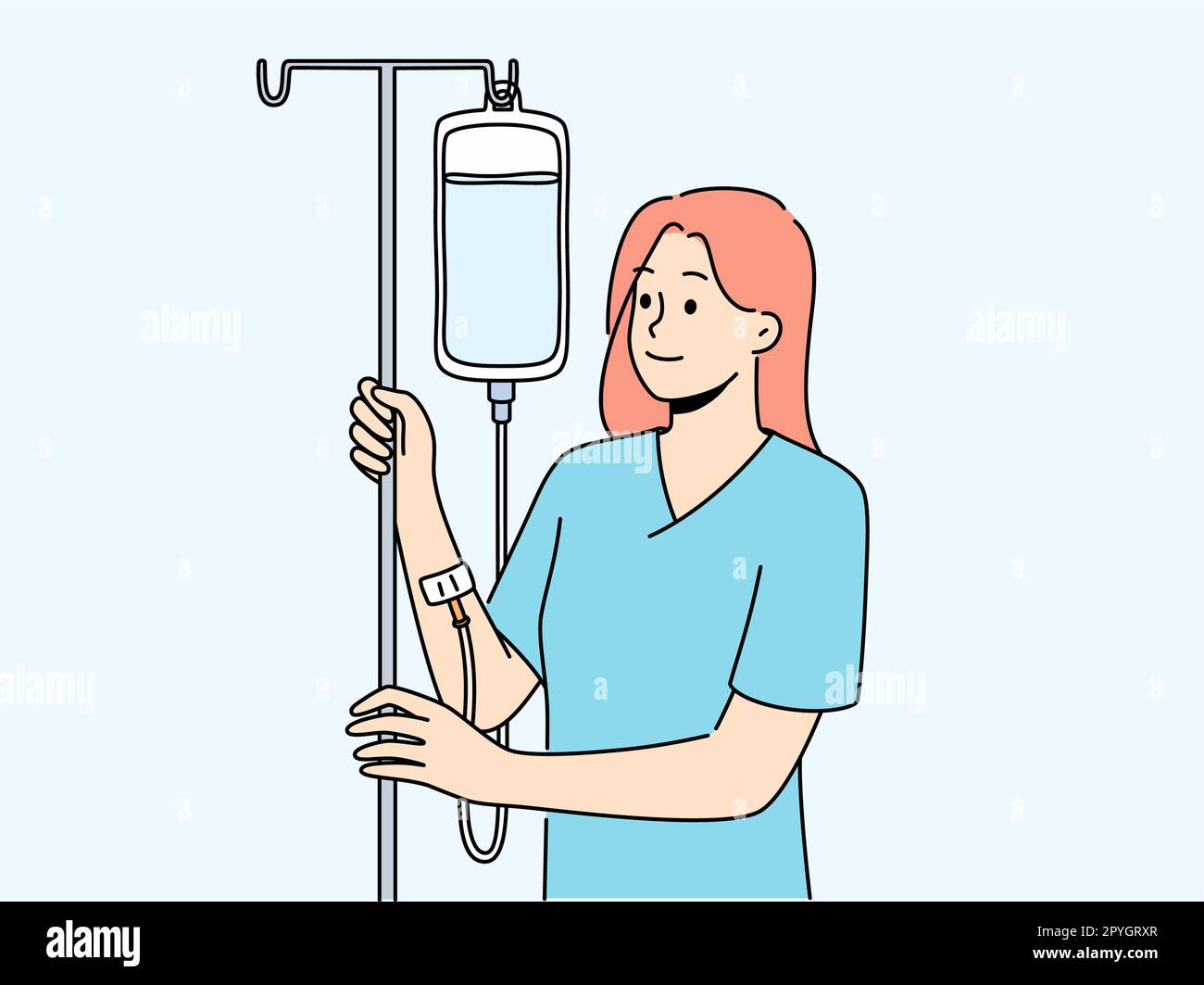 Happy woman with intravenous saline drip in hospital. Smiling female ...