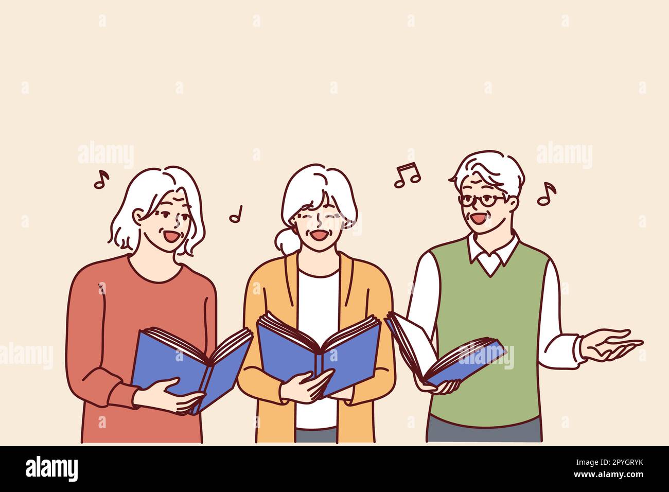 Chorus elderly men and women with workbooks in hands singing song ...