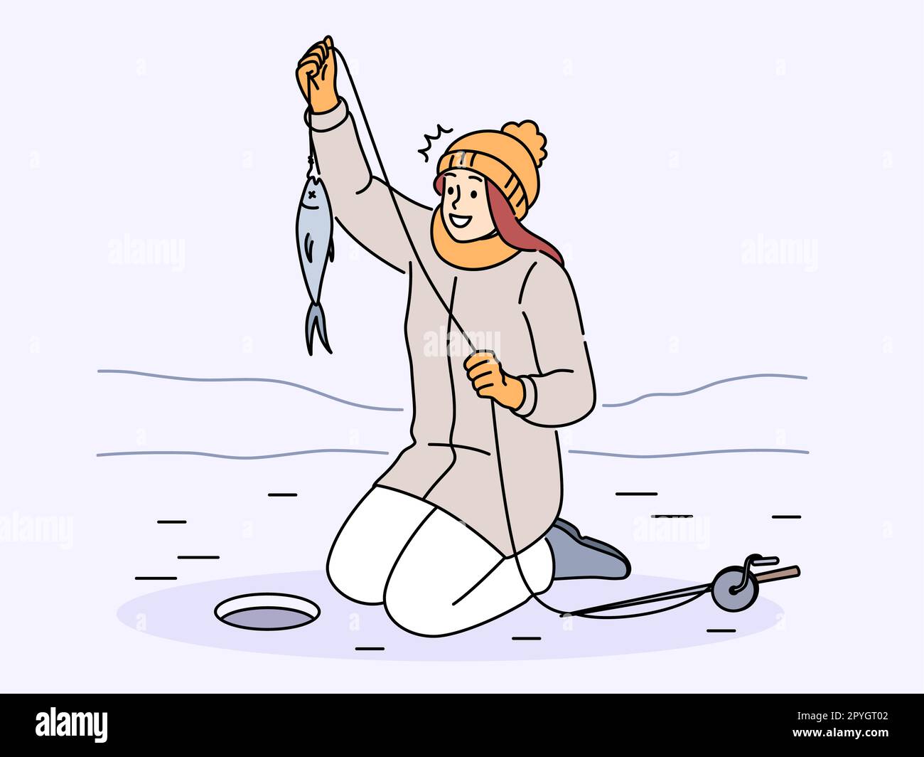 Smiling woman catch fish sitting on frozen lake. Happy female fishing ...
