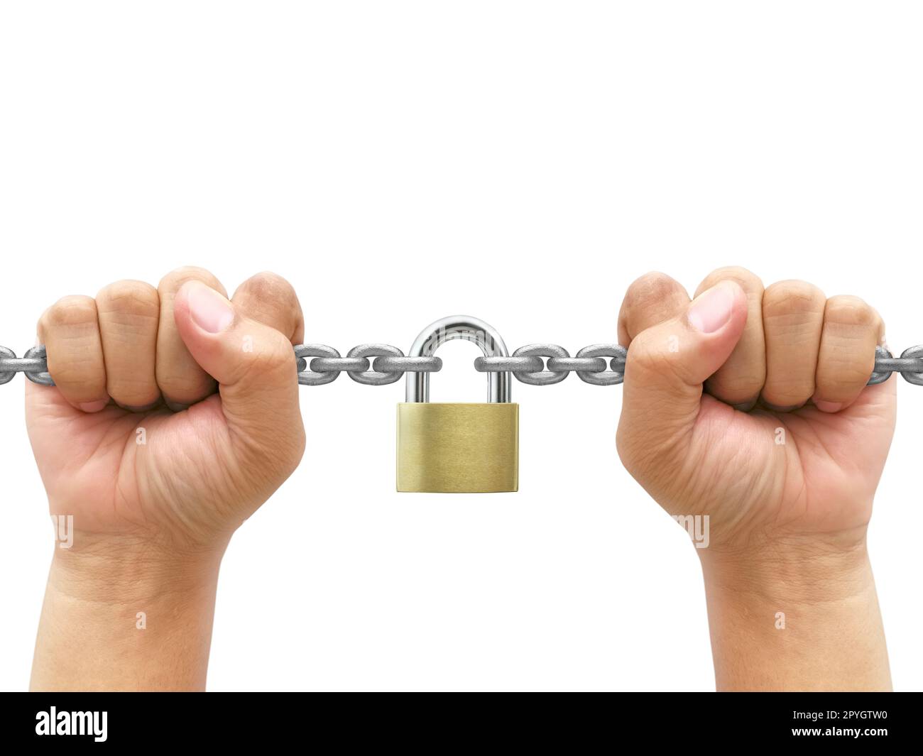 A man Handle gray metal chain and padlock on white background Stock ...