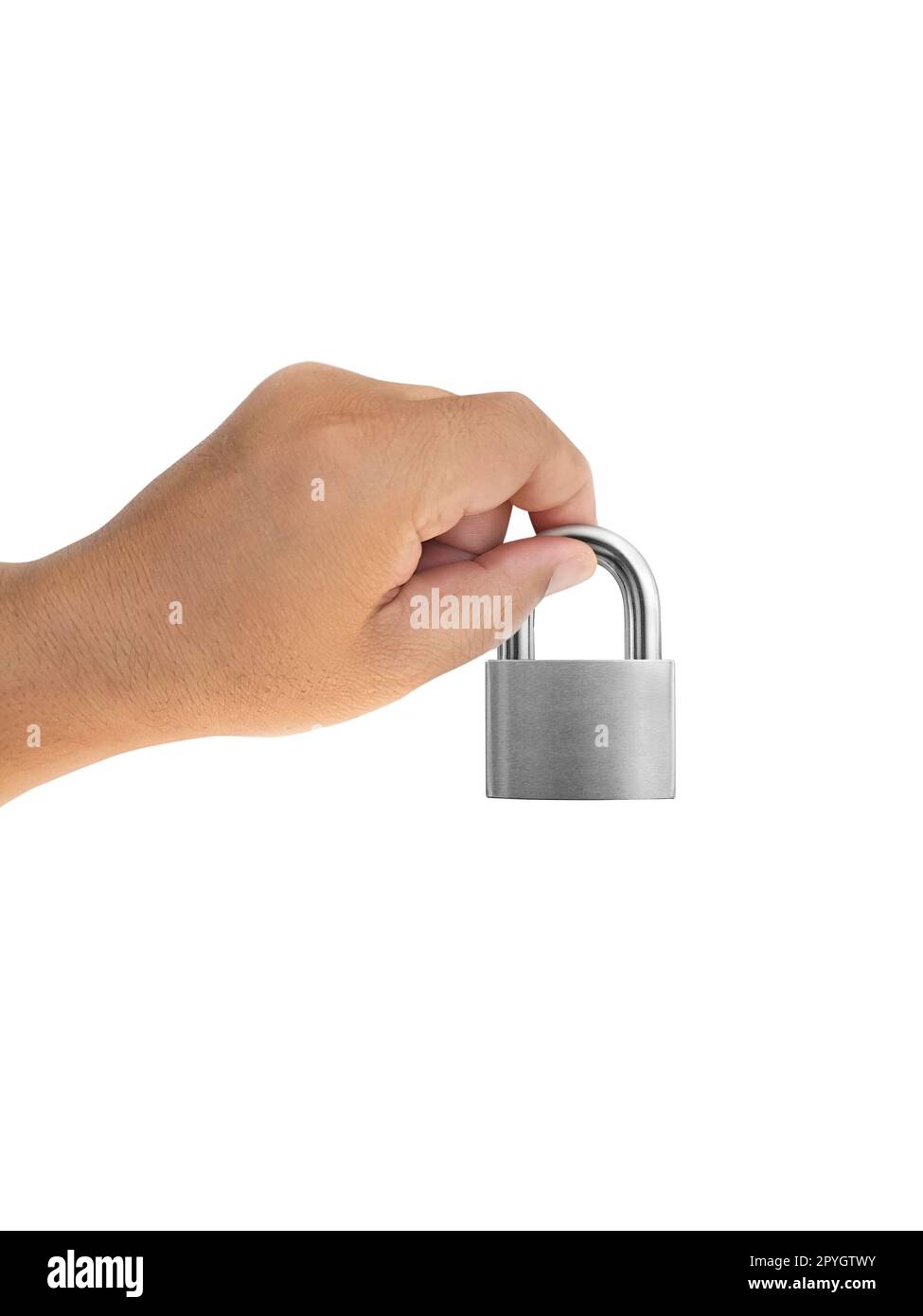 Metal padlock in hand isolated on white background Stock Photo - Alamy