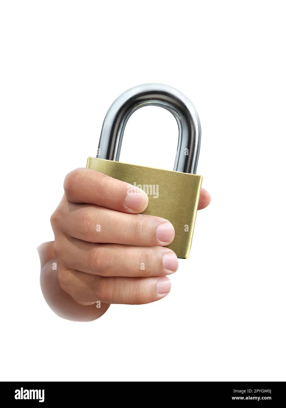 Metal padlock in hand isolated on white background Stock Photo - Alamy