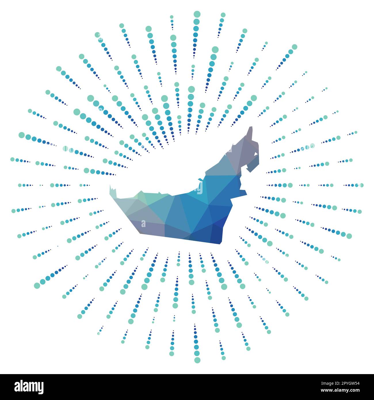 Shape of UAE, polygonal sunburst. Map of the country with colorful star ...