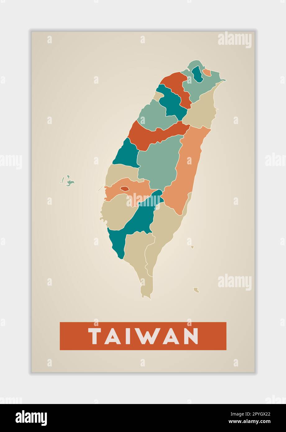 Taiwan poster. Map of the country with colorful regions. Shape of ...