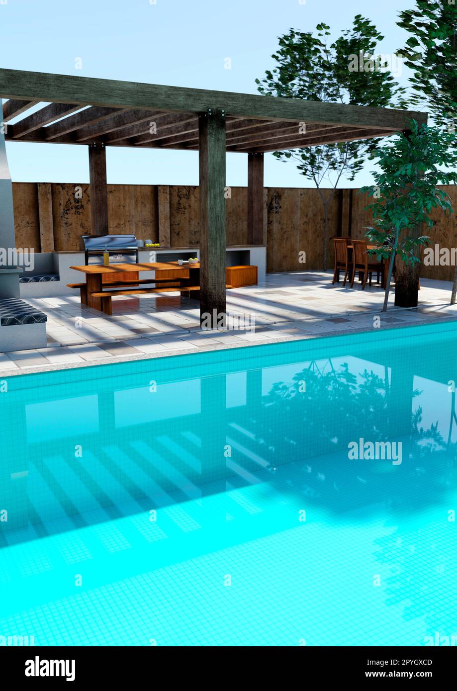 3D rendering of a Mediterranean outdoor kitchen exterior at pool Stock ...