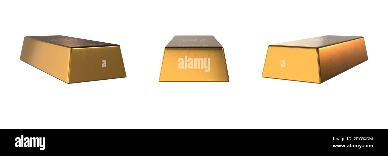 gold ingot on white background, left, front and right view (3d render ...