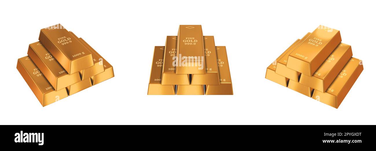 gold ingots stack on white background, left, front and right view (3d ...