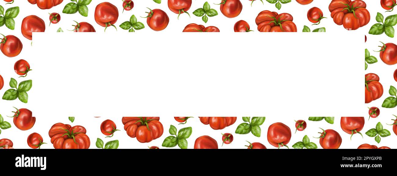 A border of red ripe tomatoes of different varieties with leaf basil ...
