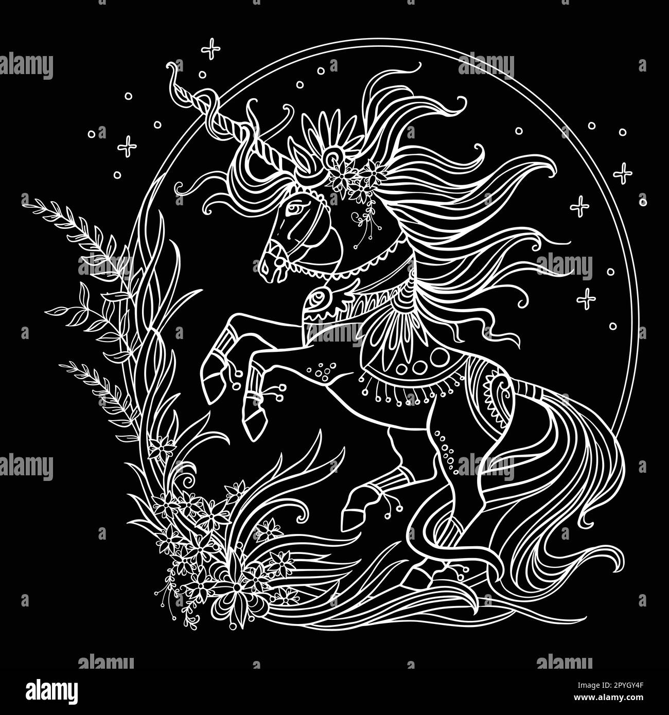 Vector decorative doodle ornamental unicorn with flowers. Magic ...