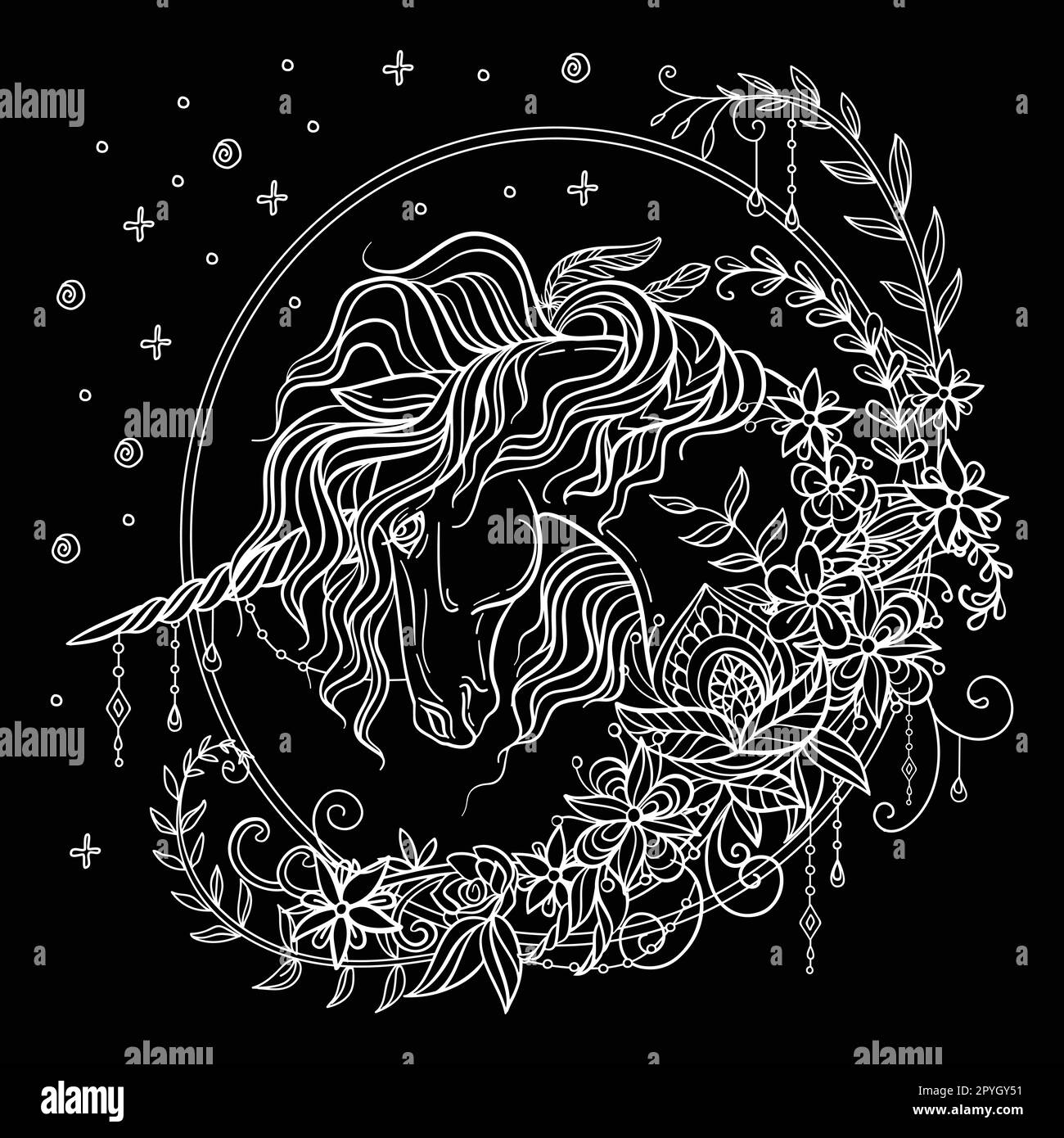 Vector decorative doodle ornamental head of unicorn with flowers. Magic ...