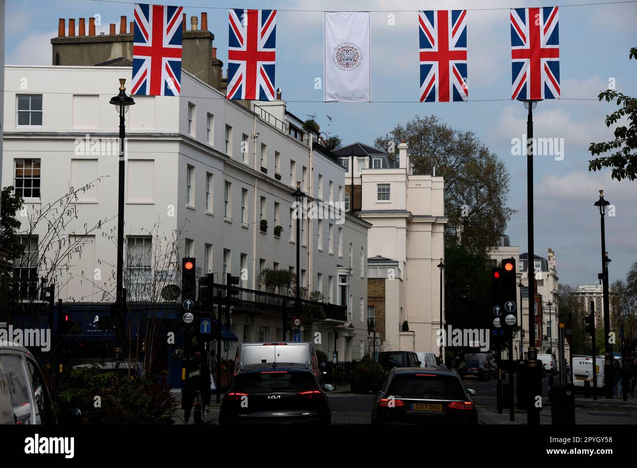 London England, 03/05/2023, Royal Coronation banner hangs with the ...