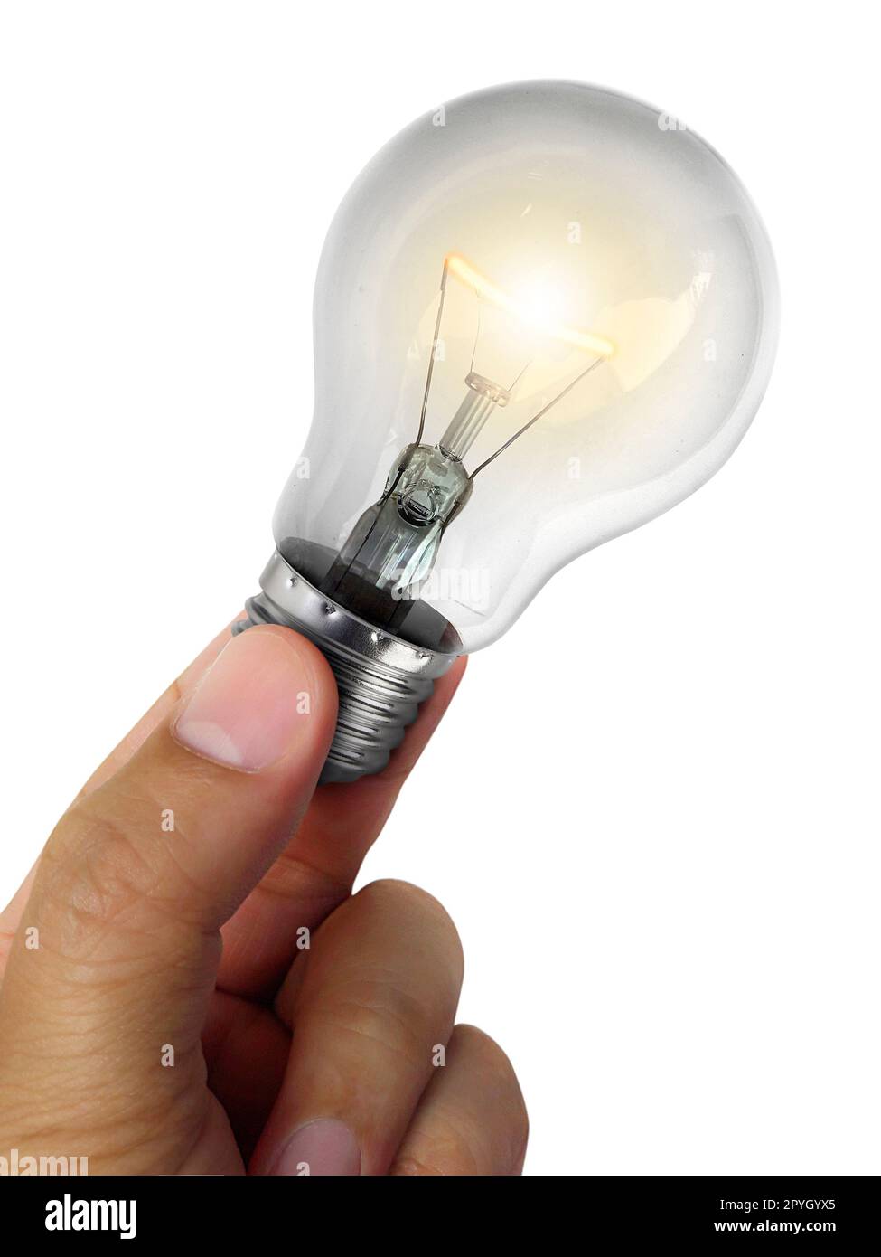 A man's hand holding an Light bulb open, isolated, on white background ...