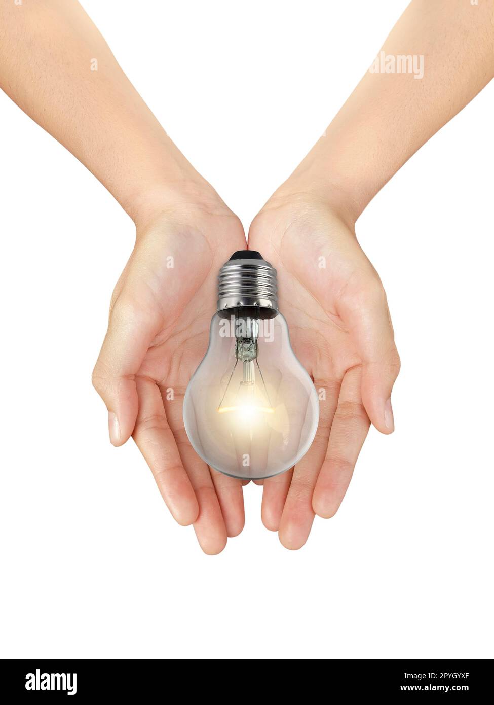 Beautiful woman hand holding a bulbs that shine glitter on a white ...