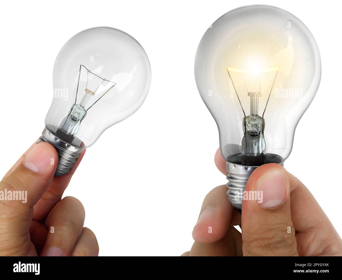 A man's hand holding an Light bulb open, isolated, on white background ...