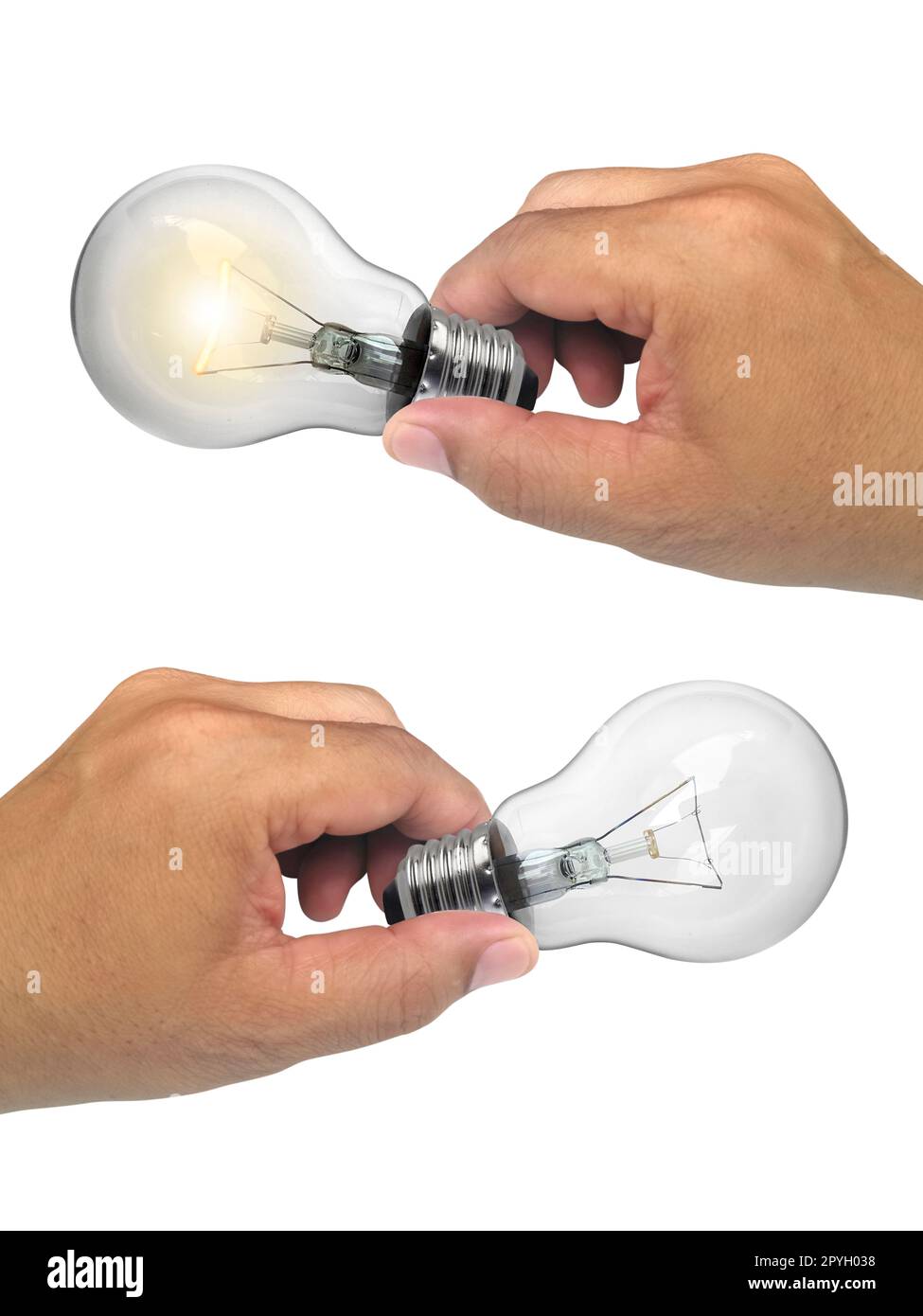 A man's hand holding an Light bulb open, isolated, on white background ...