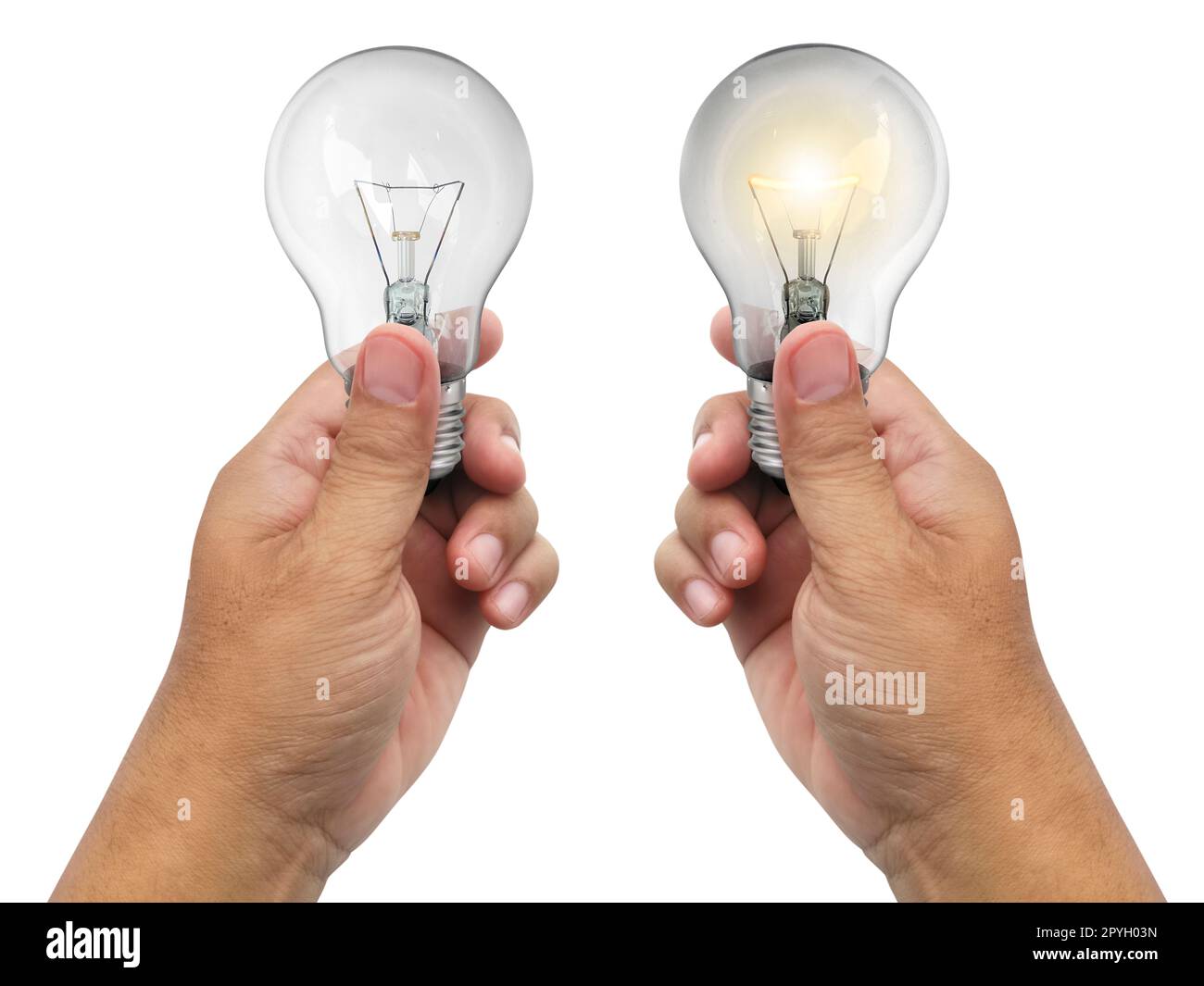 A man's hand holding an Light bulb open, isolated, on white background ...