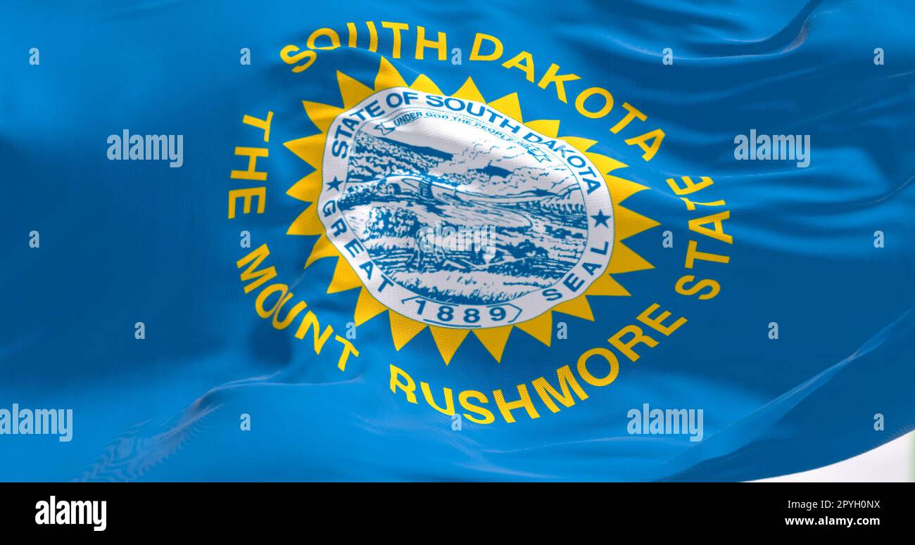 Close-up of South Dakota flag waving in the wind. Sky blue field with ...
