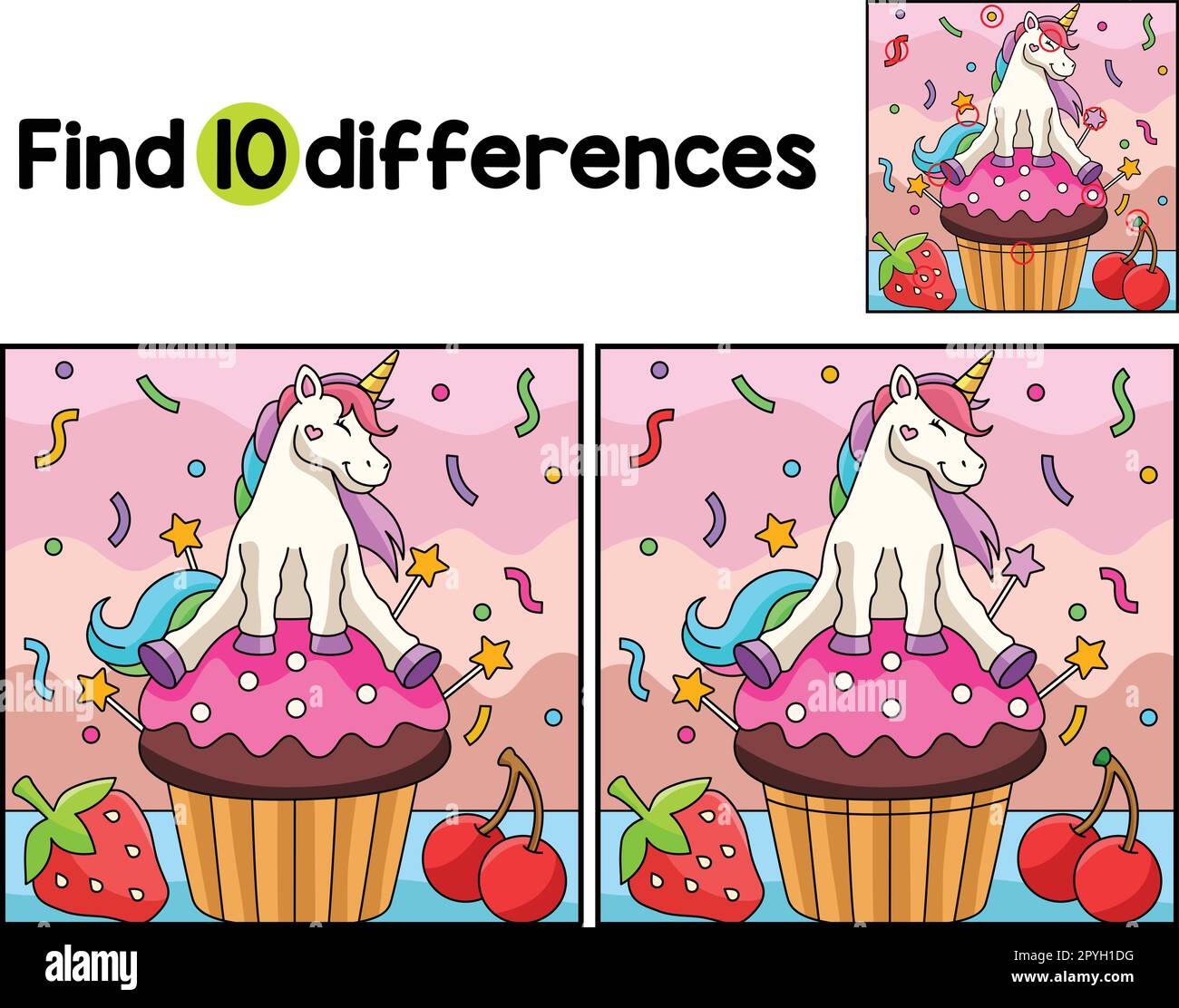 Unicorn Sitting on a Cupcake Find The Differences Stock Vector Image ...