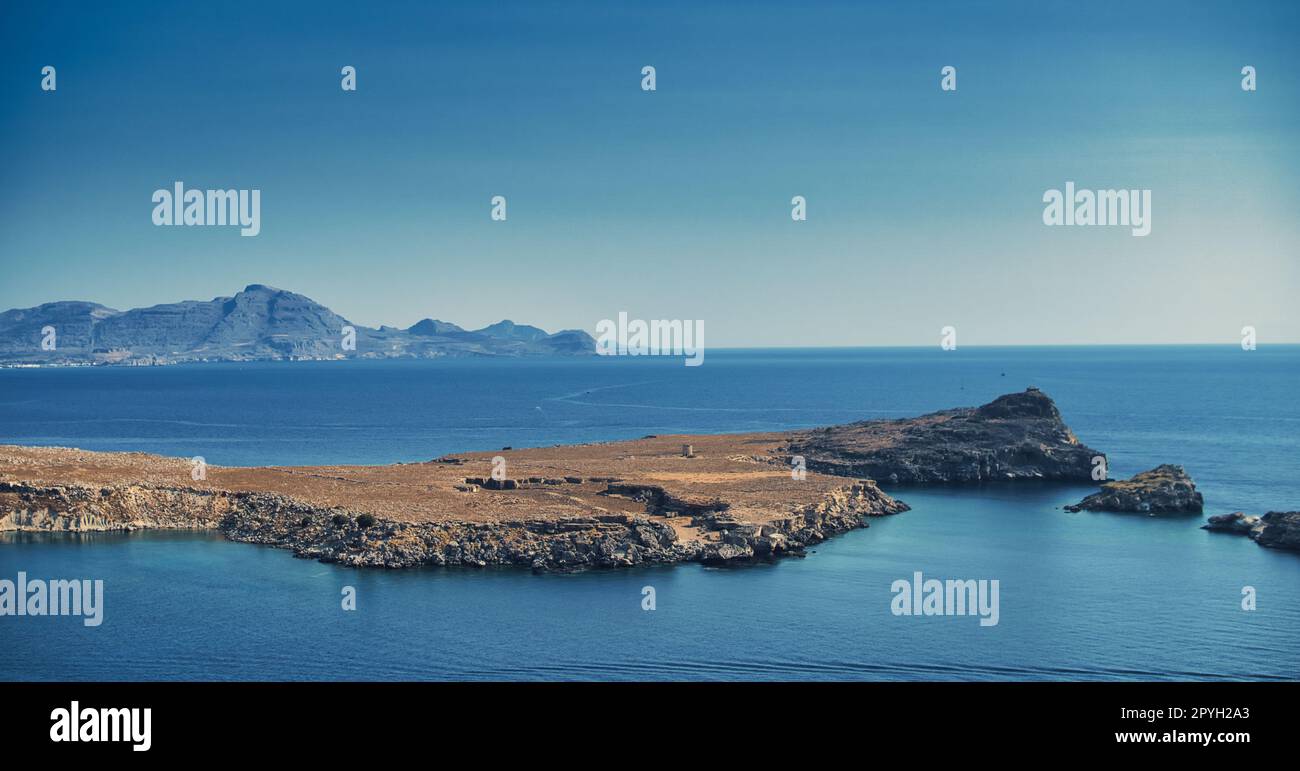 Landscape of a bay of Lindos at Rhodes island in Greece during summer ...
