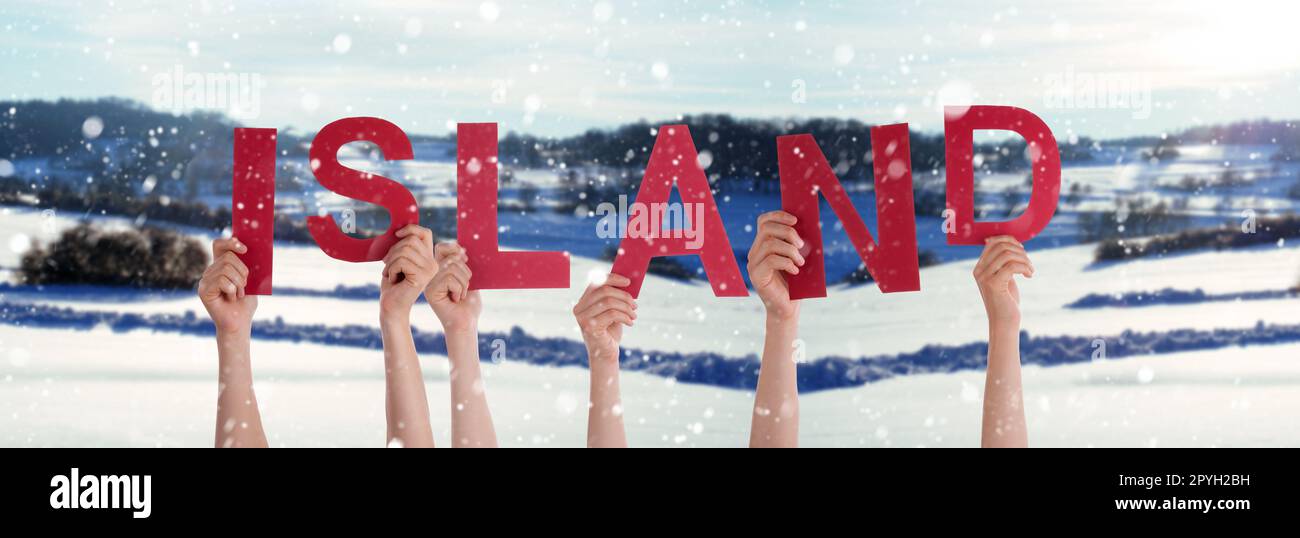 People Hands Building Word Island Means Iceland, Winter Background ...