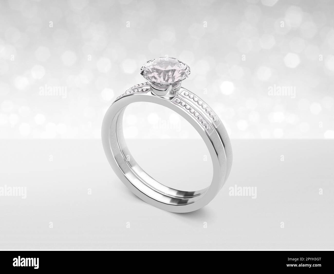 Close up of elegant diamond ring on white shining bokeh background. concept for chossing best ...