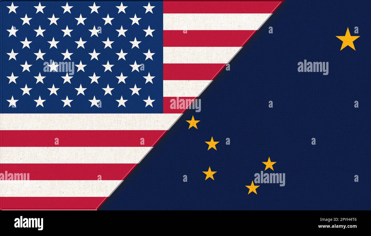 Flags of USA and Alaska. Political concept. Two flags on fabric surface ...