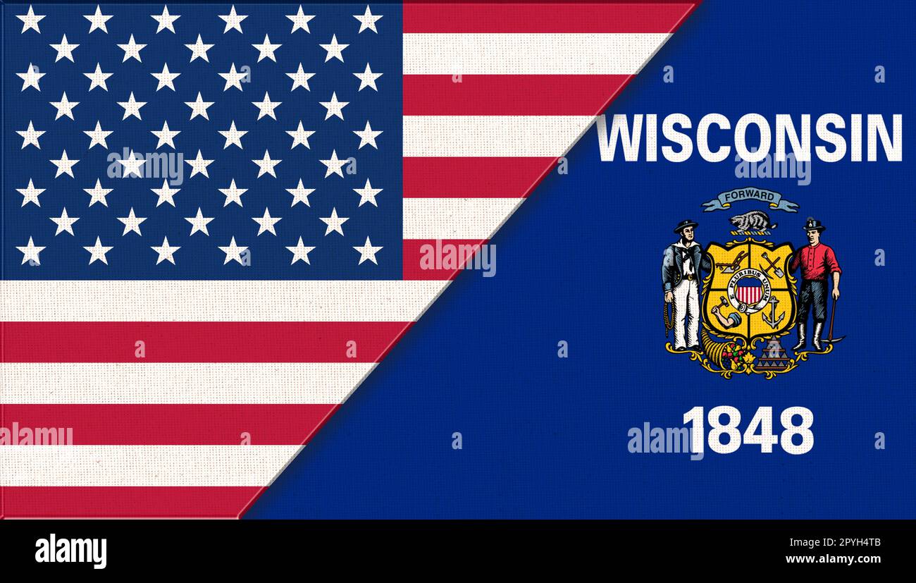 Flags of USA and Wisconsin. Political concept. Double flag 3d ...