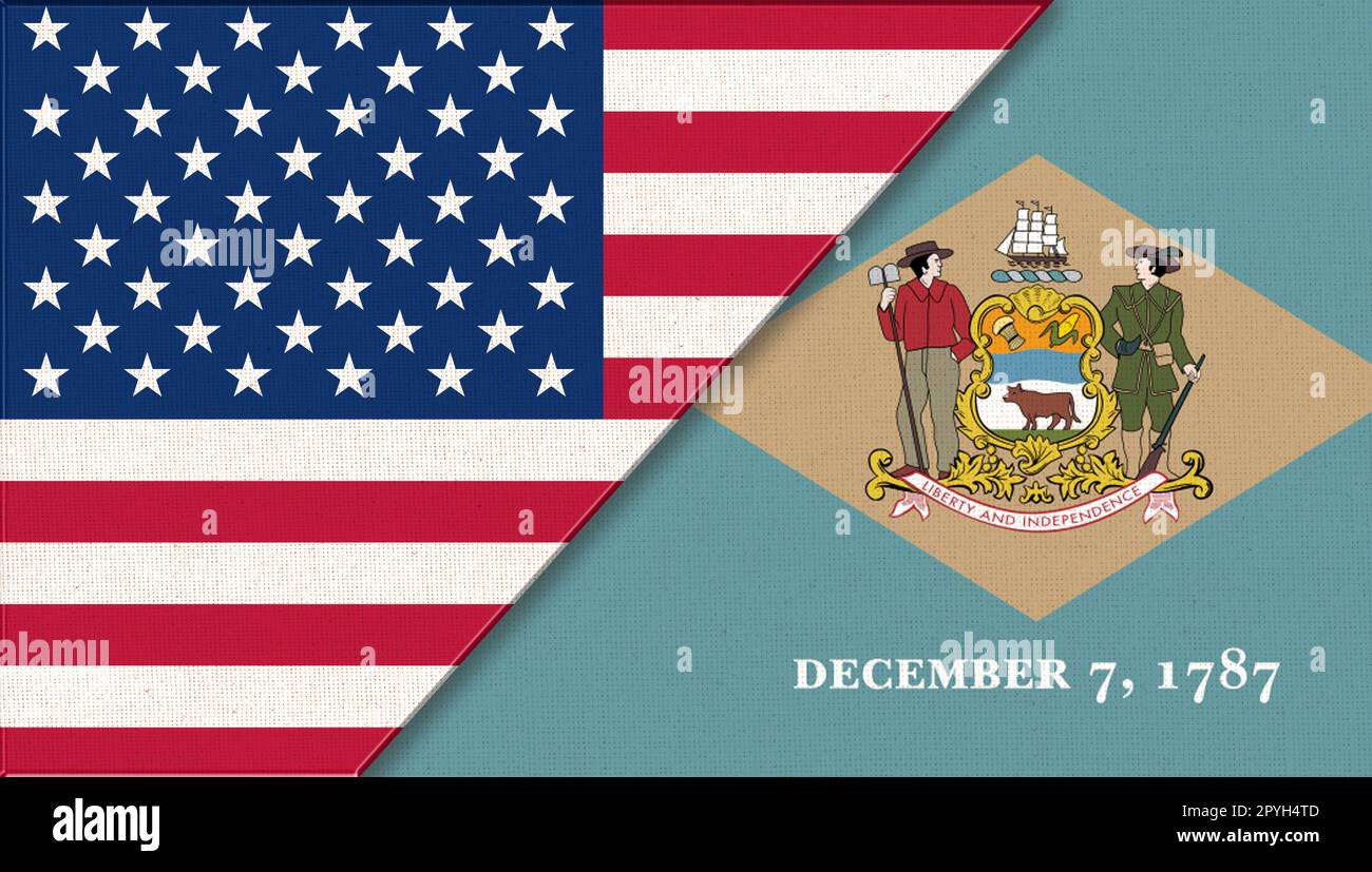Flags of USA and Delaware. Political concept. Double flag 3d ...