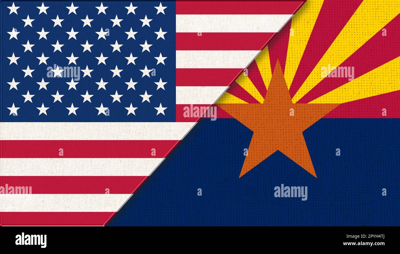 Flags of USA and Arizona. Political concept. Two flags on fabric ...
