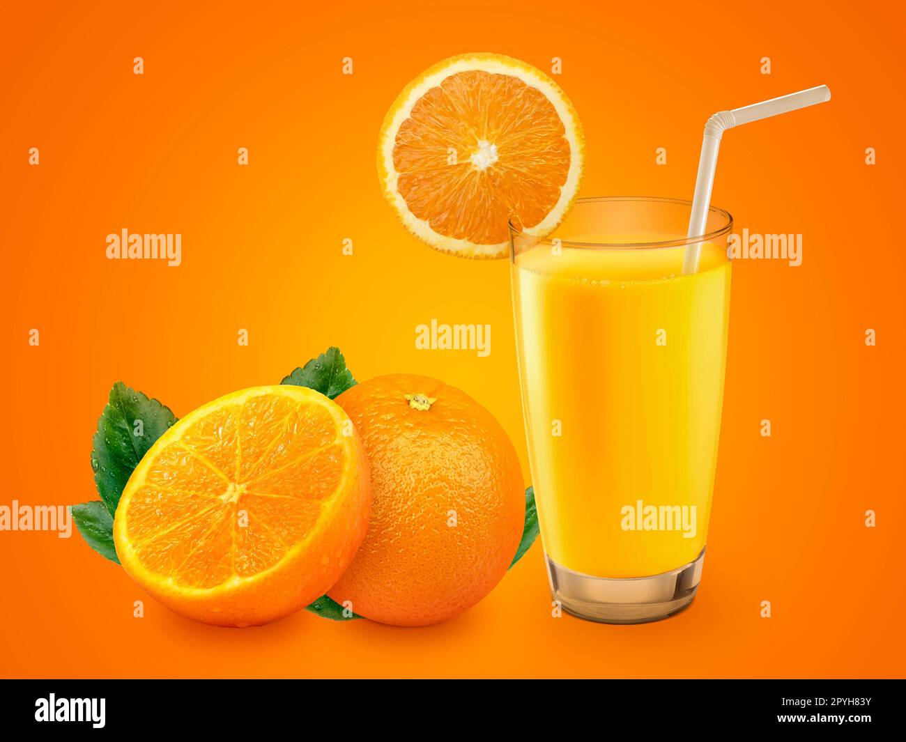 Glass of 100% Orange juice with pulp and sliced fruits on orange ...
