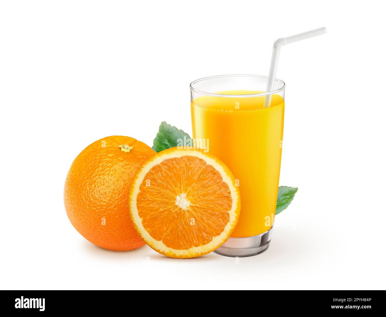 Glass of 100% Orange juice with pulp and sliced fruits isolate on white ...