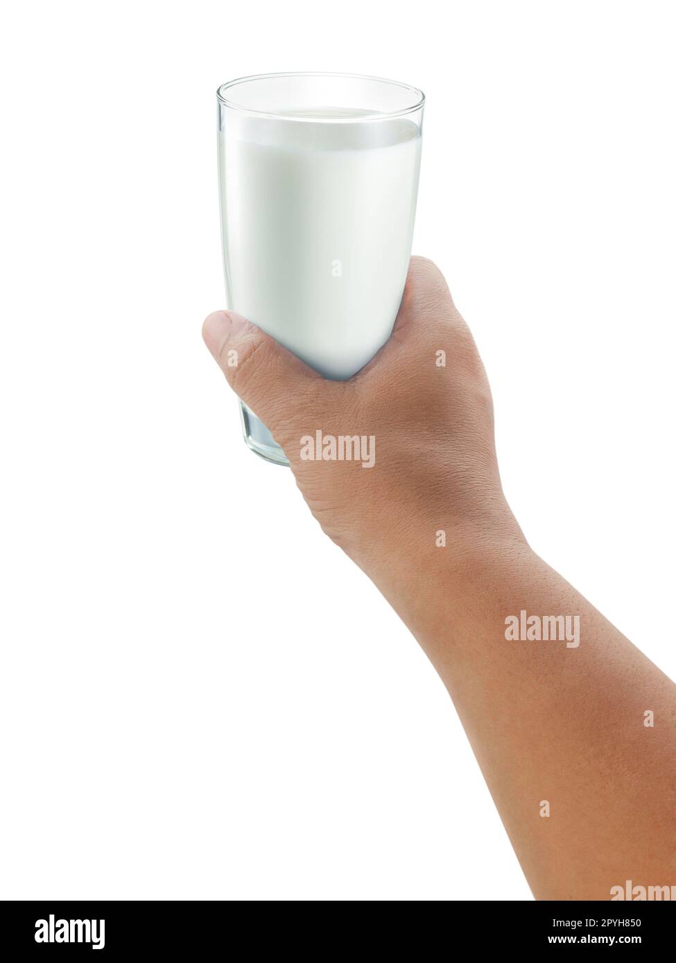 Glass of milk on human hands. isolated on a white background Stock ...
