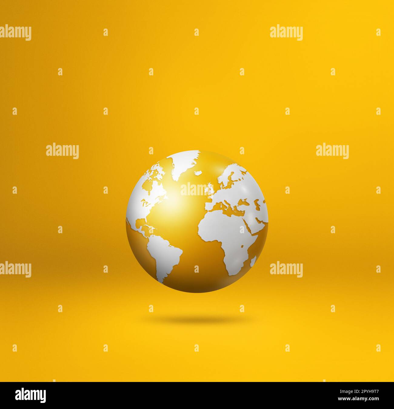World globe, earth map, floating over a yellow background. 3D isolated ...