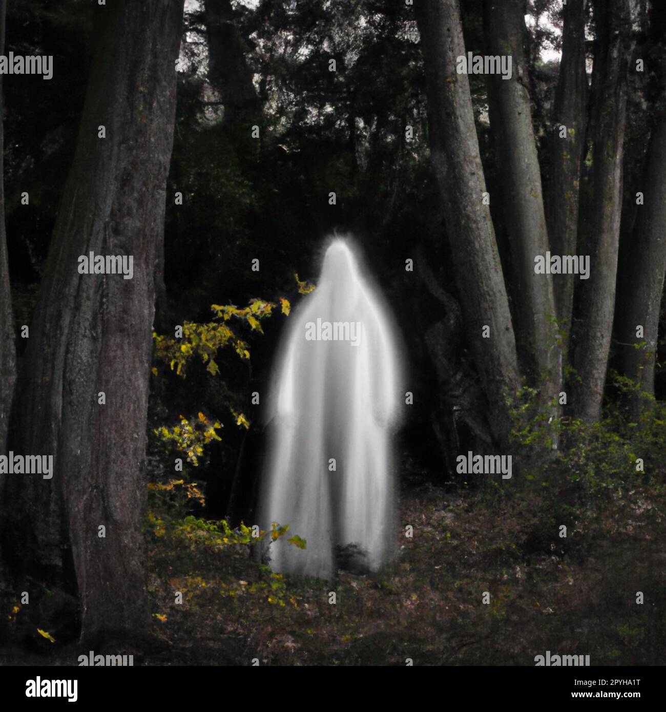 A ghostly vision in white robes roams between tree trunks. Ghost in the ...
