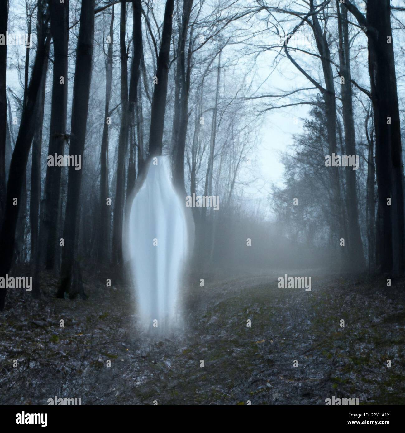 A ghostly vision in white robes roams between tree trunks. Ghost in the ...