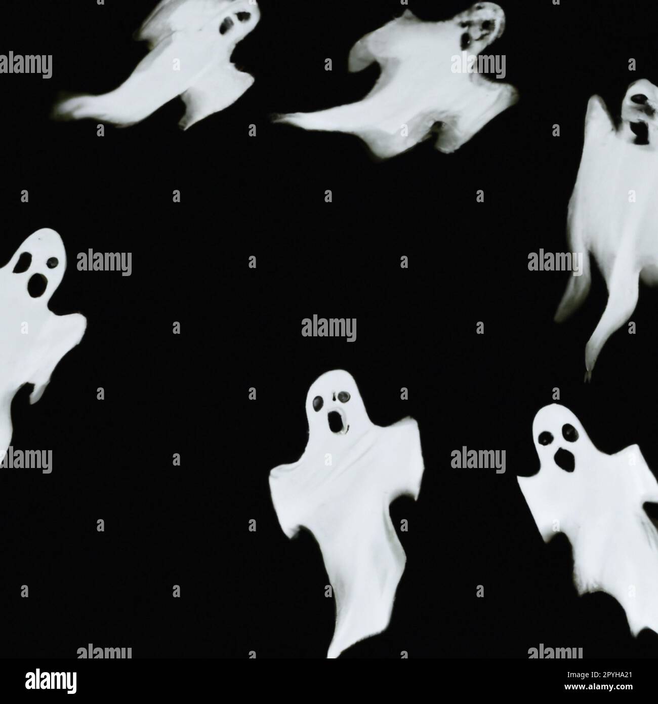 Ghostly visions in white robes scream and fly in the dark. Ghosts in ...