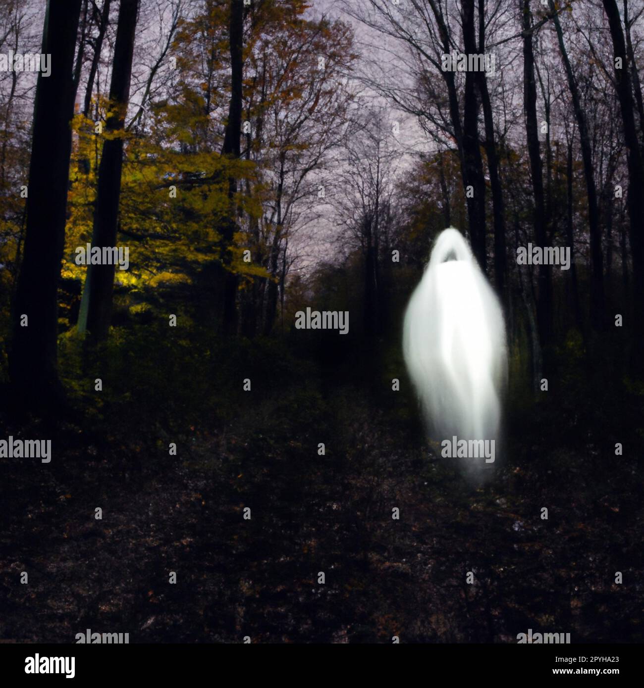 A ghostly vision in white robes roams between tree trunks. Ghost in the ...