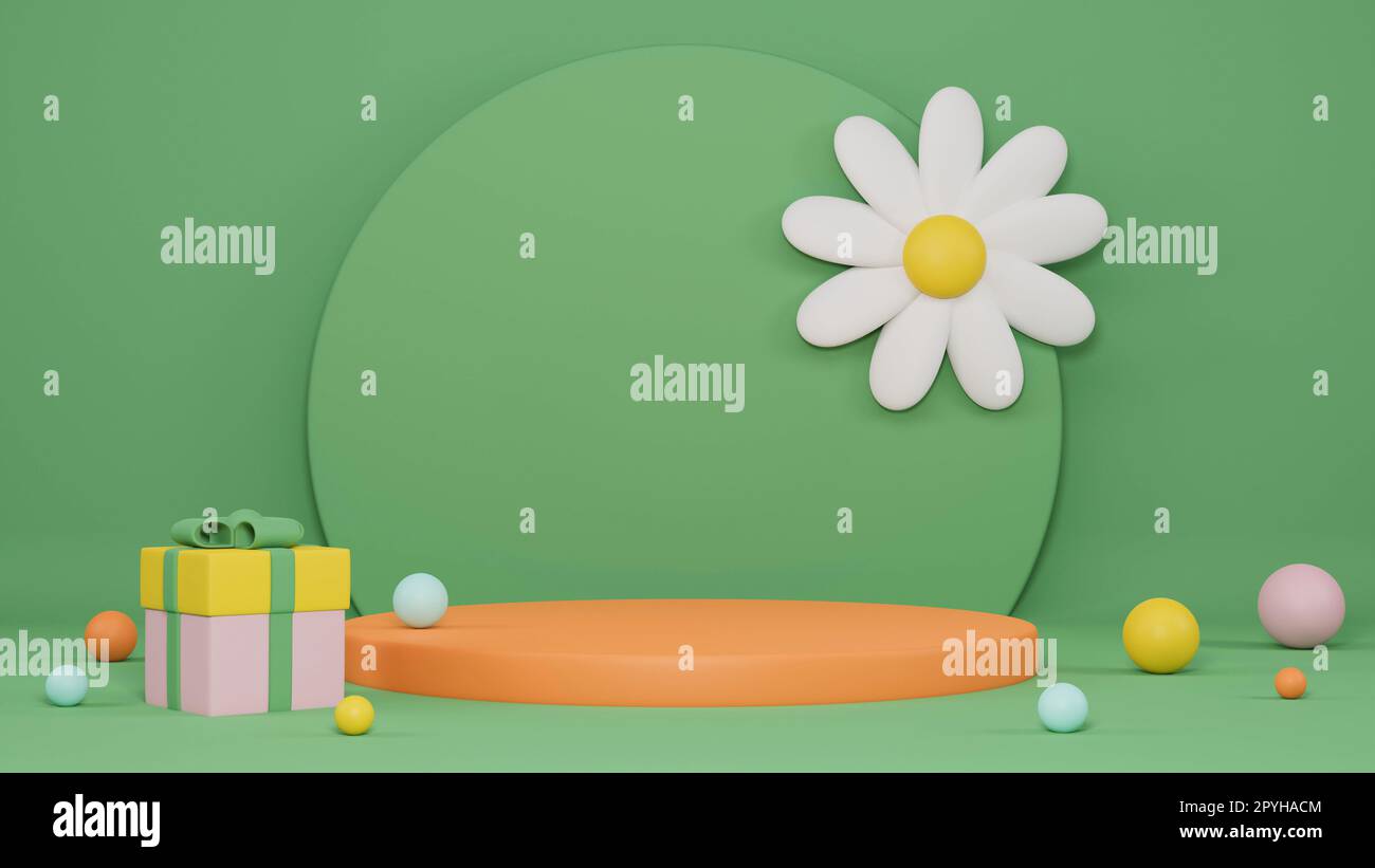 Kids podium, chamomile, abstract minimal green background. Scene for ...