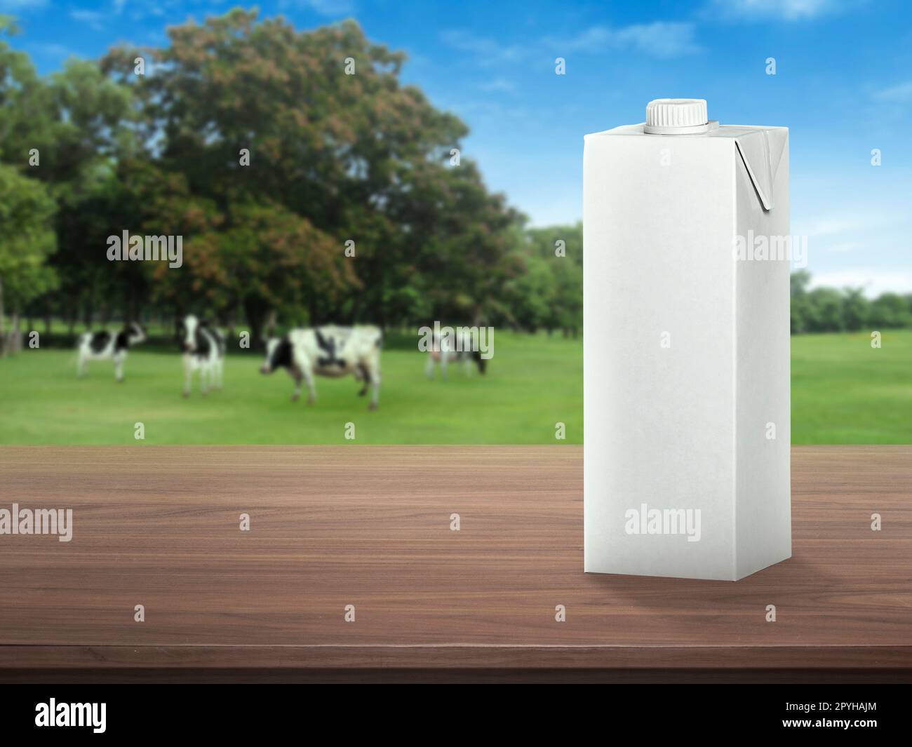 Milk packaging box on dark wooden tabletop and blurred landscape with ...