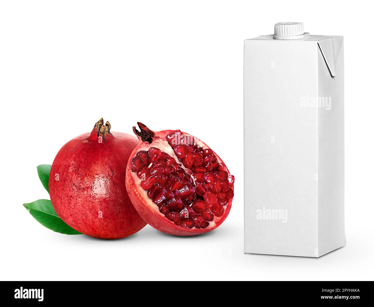 box pomegranate juice and pomegranate fruit isolated on a white ...