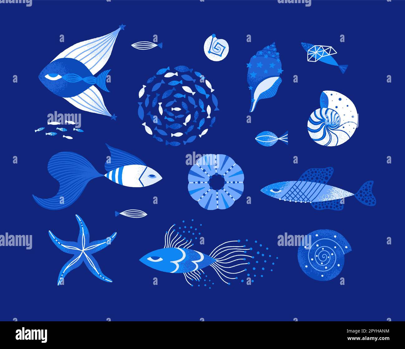 Vector set of magic underwater life. Isolated textured fish, seashells ...
