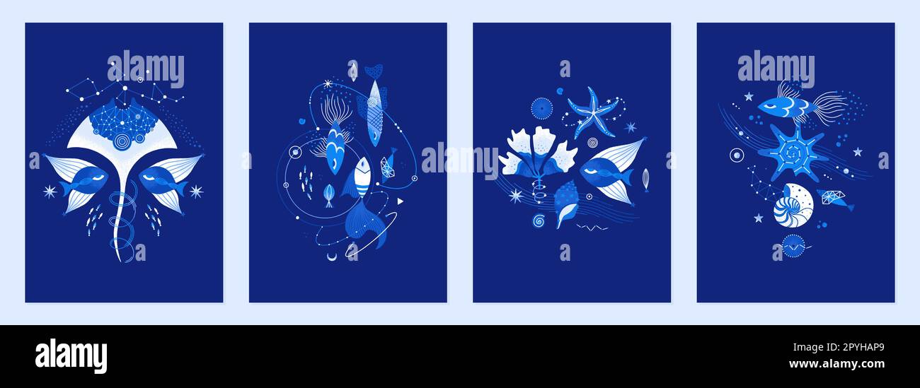 Set of vector illustrations of cosmic underwater creatures. Marine life ...