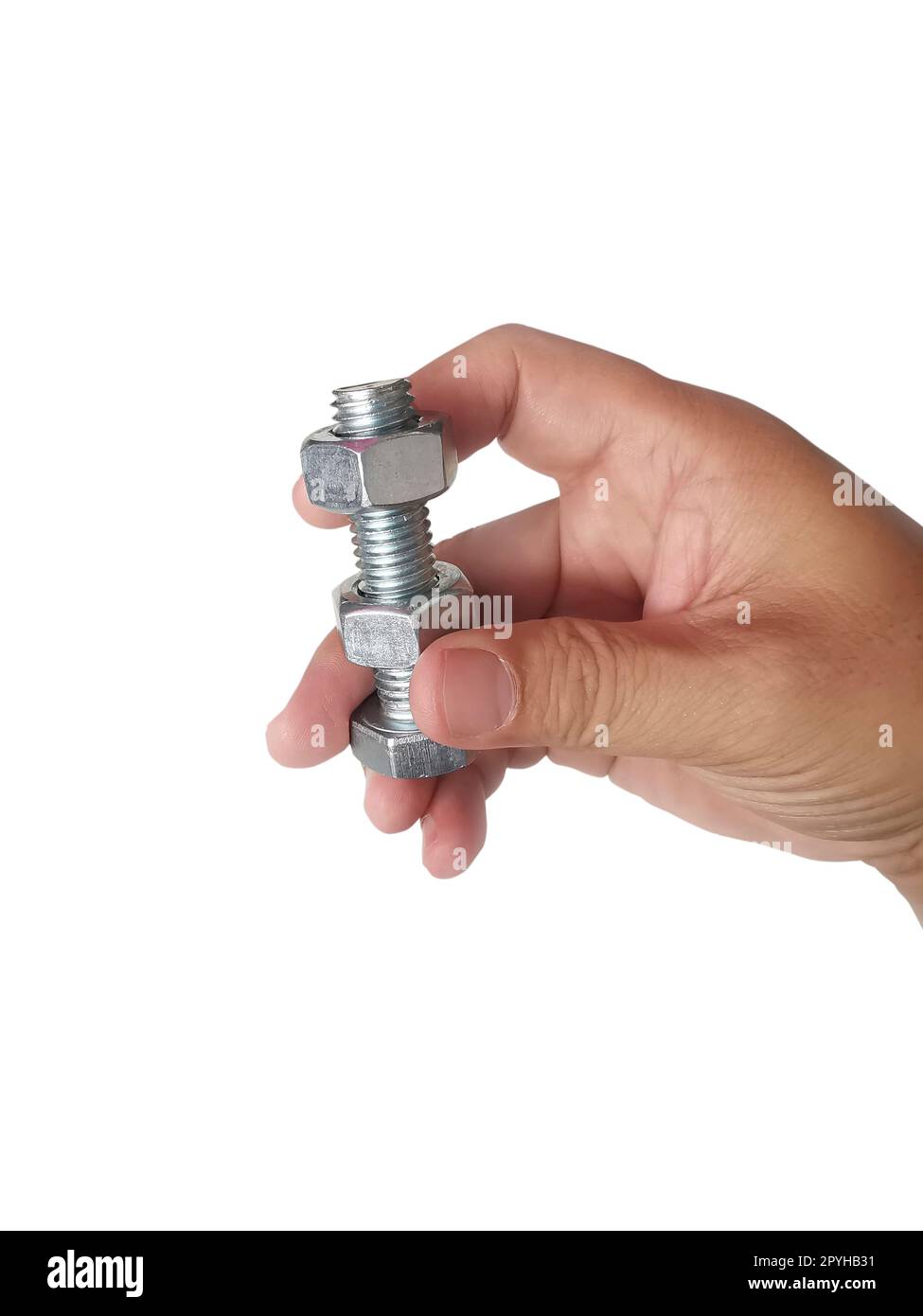Nut and screw on hand on white background Stock Photo - Alamy